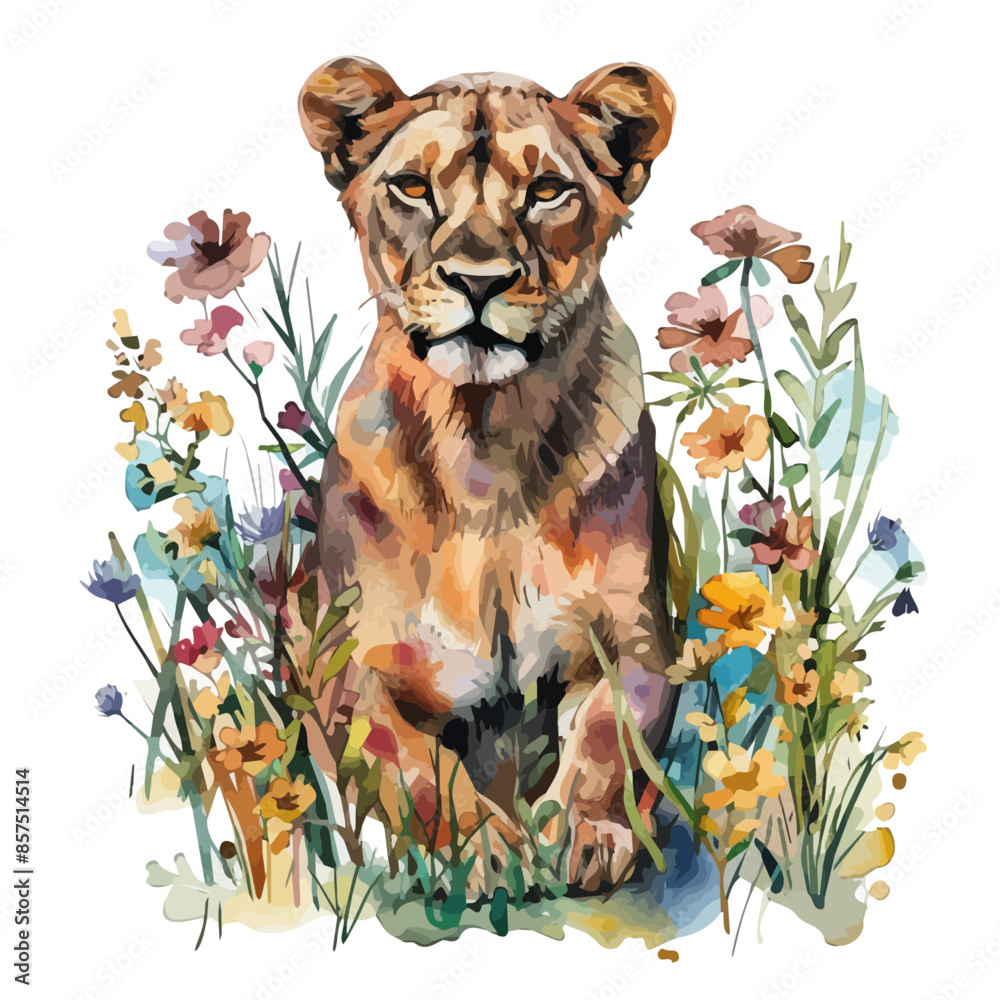 Watercolor of a lioness (lion), isolated on a white background, lioness ...