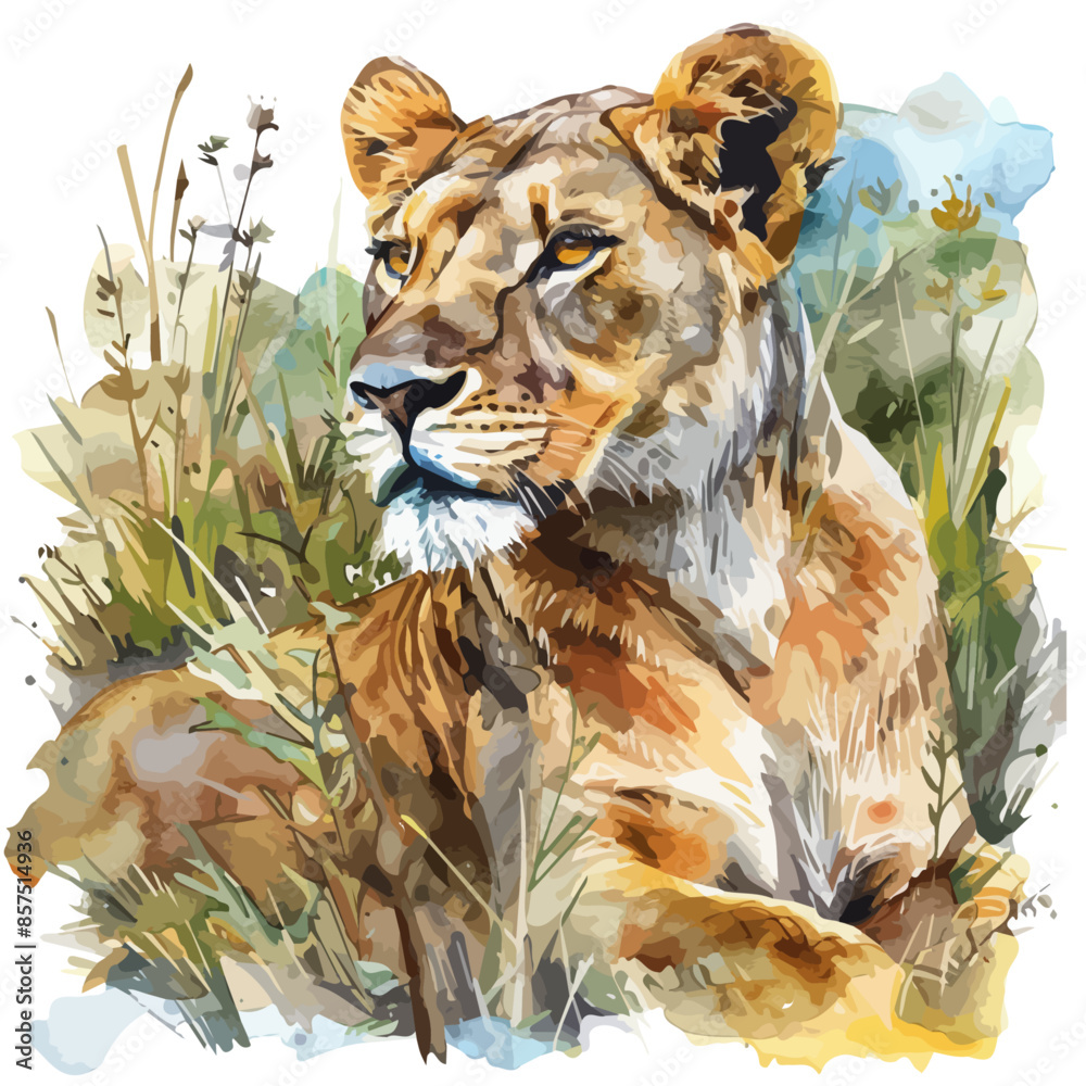 Watercolor Illustration of a lioness (lion), isolated on a white ...