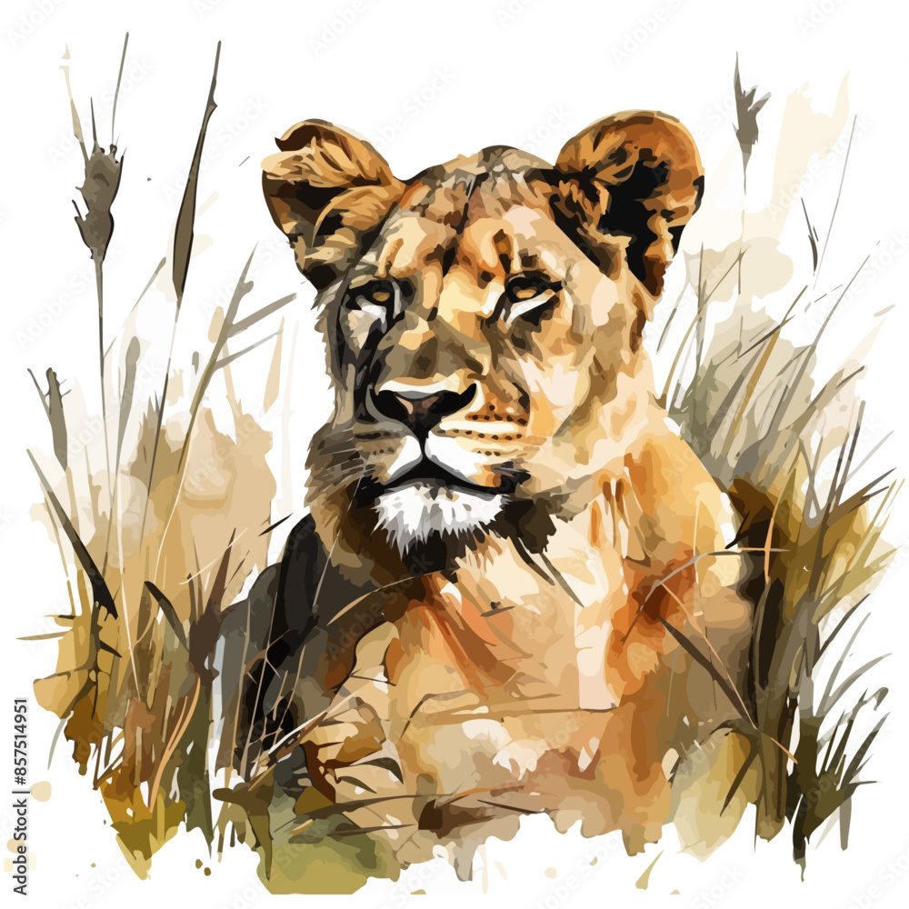 Watercolor of a lioness (lion), isolated on a white background, clipart ...