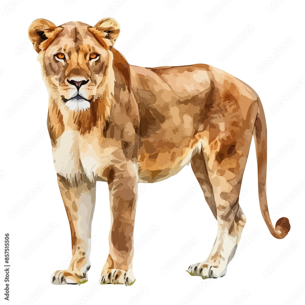 Watercolor Illustration painting of a lioness (lion), isolated on a ...