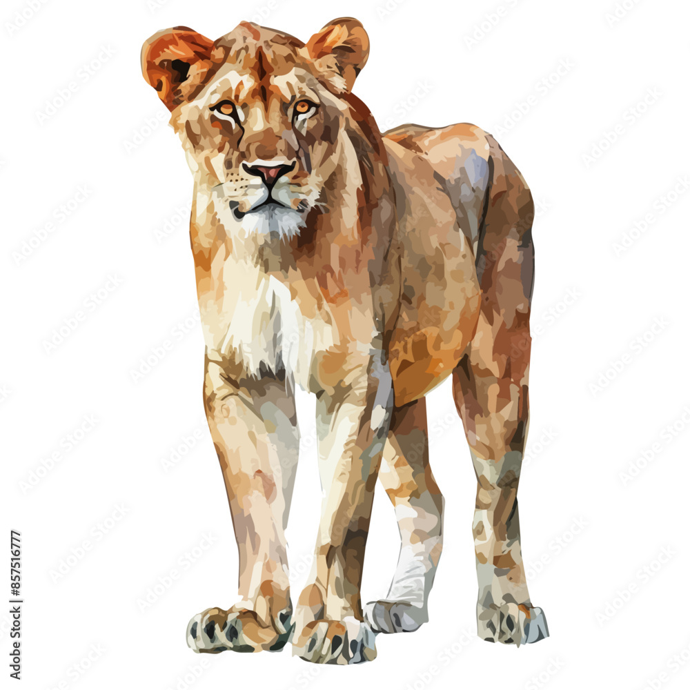 Watercolor painting of a lioness (lion), isolated on a white background ...