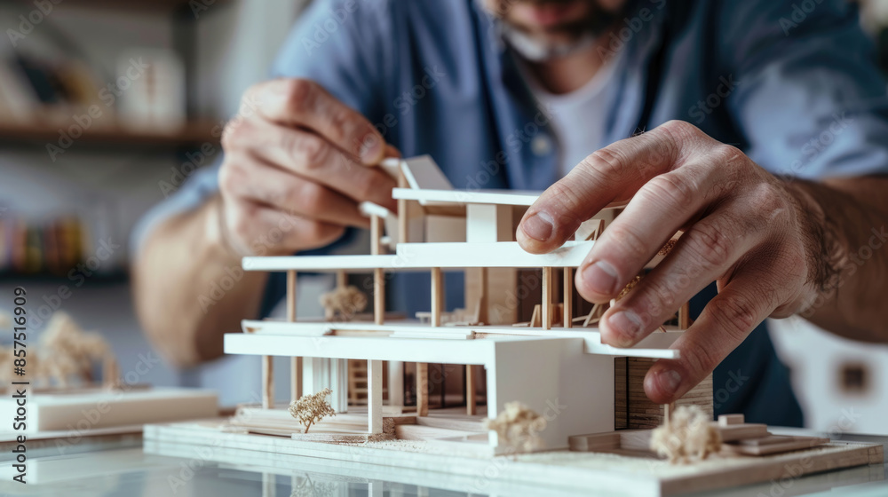 A close-up photo of an architects hand carefully adjusting a detailed ...