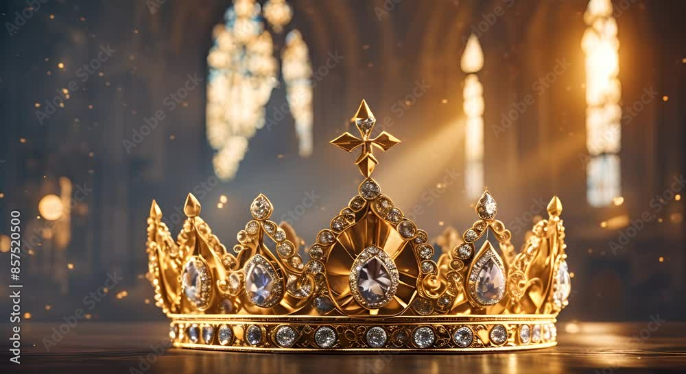A gold royal king queen coronation crown with jewels and diamonds ...