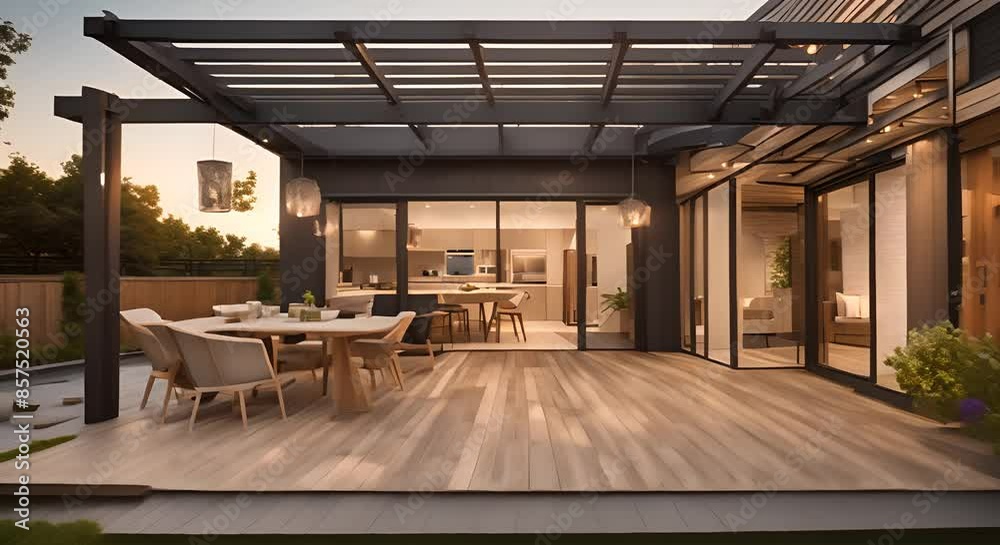 Back yard house exterior with spacious wooden deck with patio area and ...