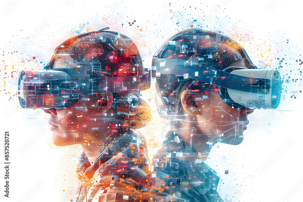 Two women wearing VR glasses fragmented by pixels isolated on white ...