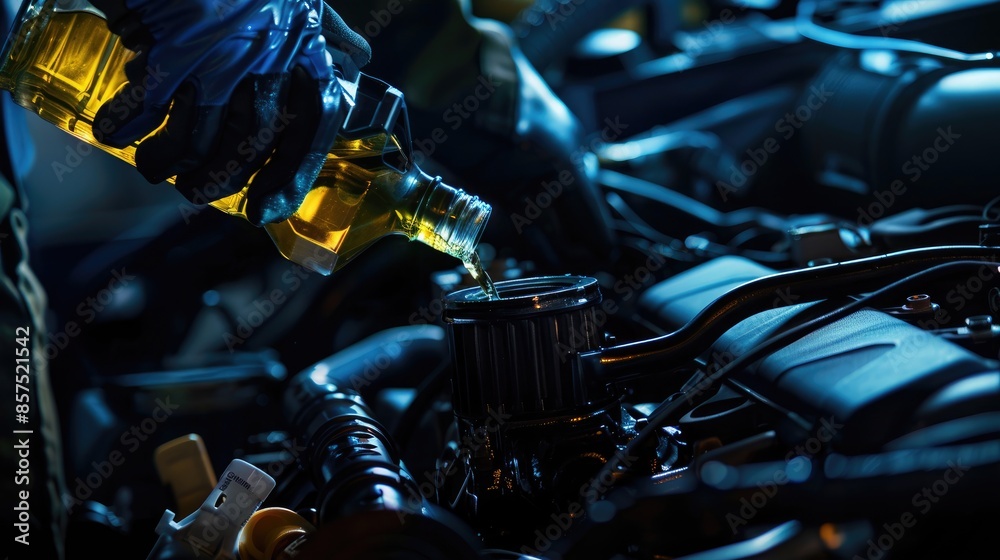 Mechanic demonstrating oil filter while pouring oil into car engine in ...
