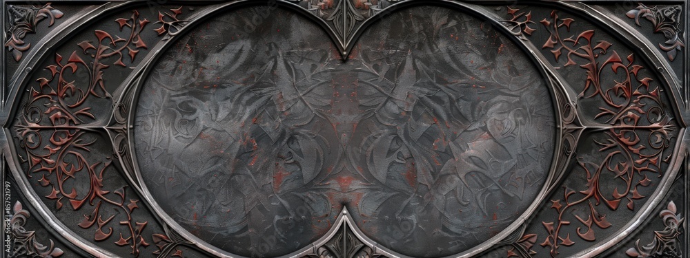 A black and red metal frame with a design of flowers and leaves. The ...
