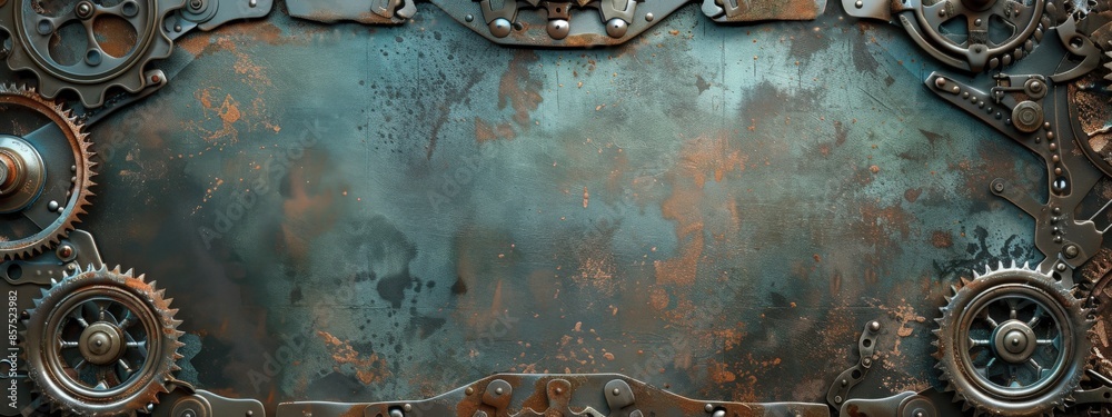 A blue background with a row of gears on it. The gears are old and ...