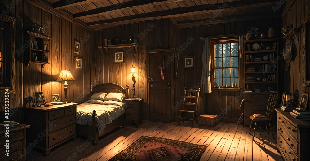 interior of modern cabin bed room in secluded forest woods. interior ...