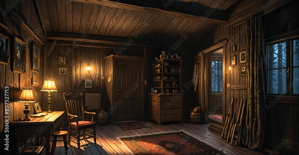 interior of modern cabin living room in secluded forest woods ...