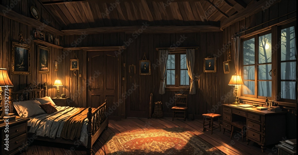 interior of modern cabin bed room in secluded forest woods. interior ...