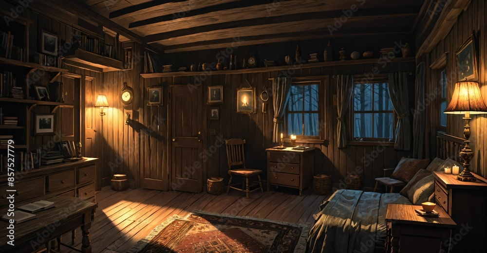 interior of modern cabin bed room in secluded forest woods. interior ...