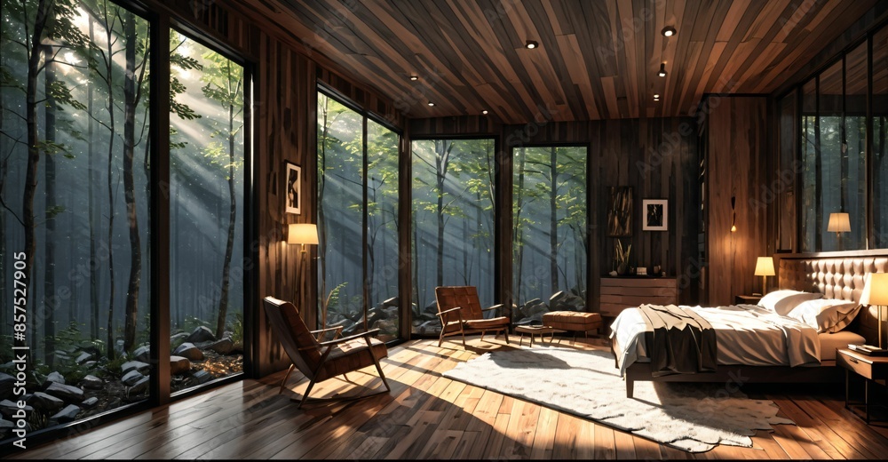 interior of modern cabin bed room in secluded forest woods. interior ...