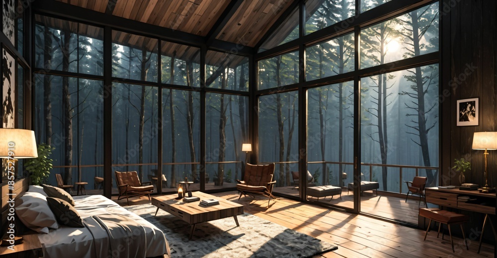 interior of modern cabin bed room in secluded forest woods. interior ...