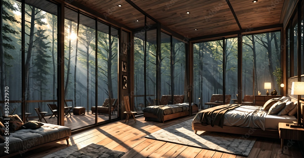 interior of modern cabin bed room in secluded forest woods. interior ...