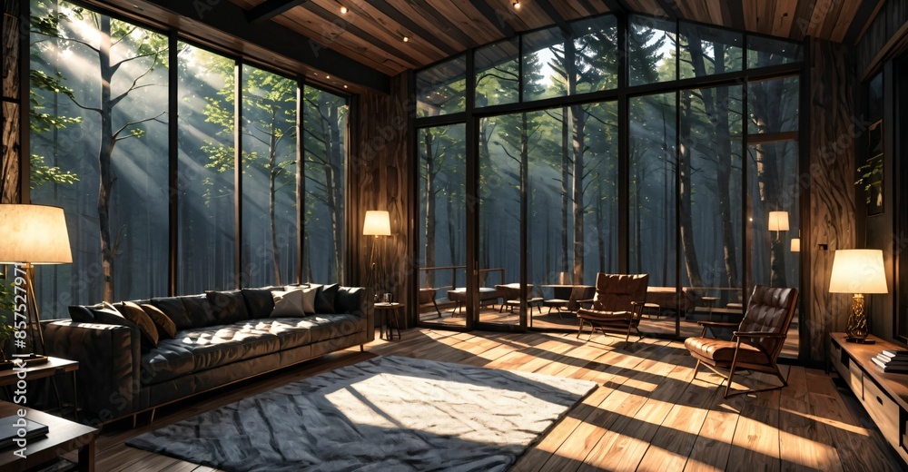interior of modern cabin living room in secluded forest woods. interior ...