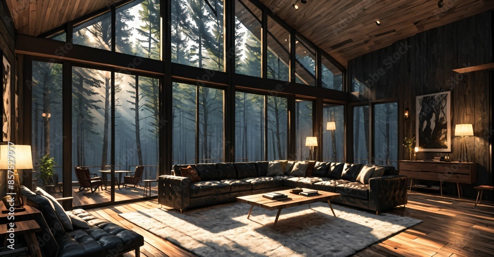 interior of modern cabin living room in secluded forest woods. interior ...