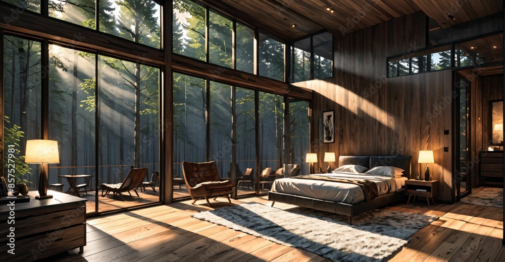 interior of modern cabin bed room in secluded forest woods. interior ...