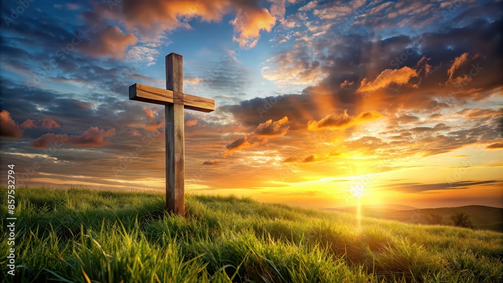 Wooden Easter cross on grassy hill at sunset , Easter, cross, religious ...
