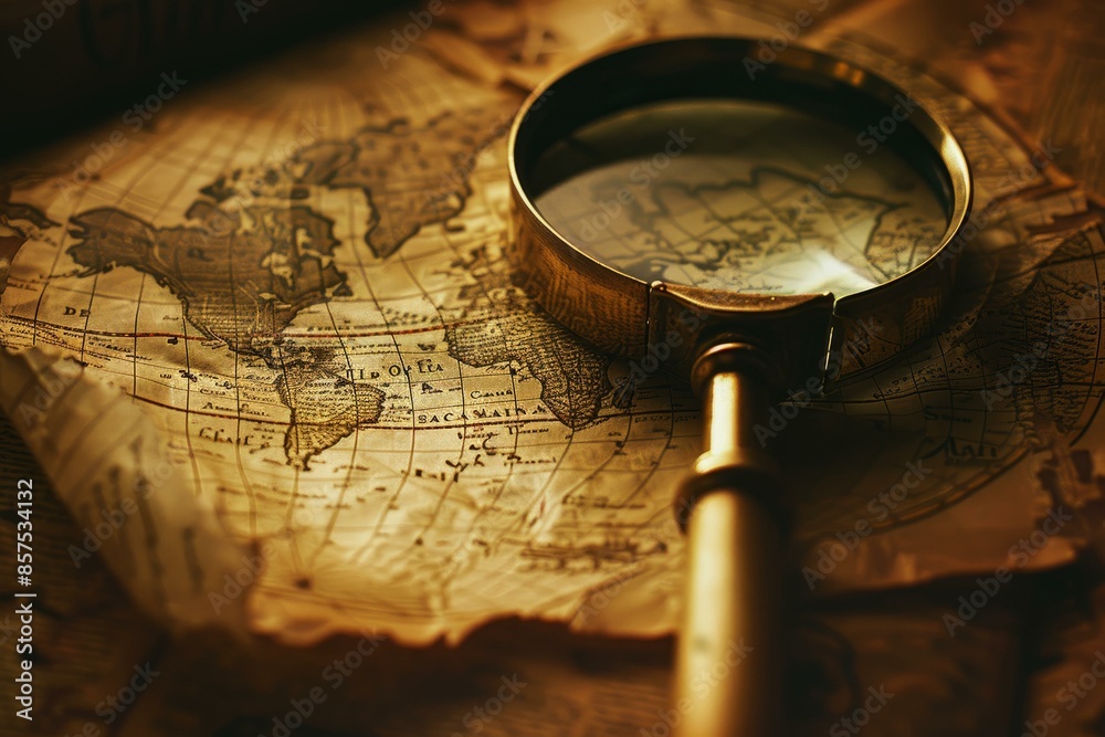 Vintage map and magnifying glass over old world atlas, exploring ...