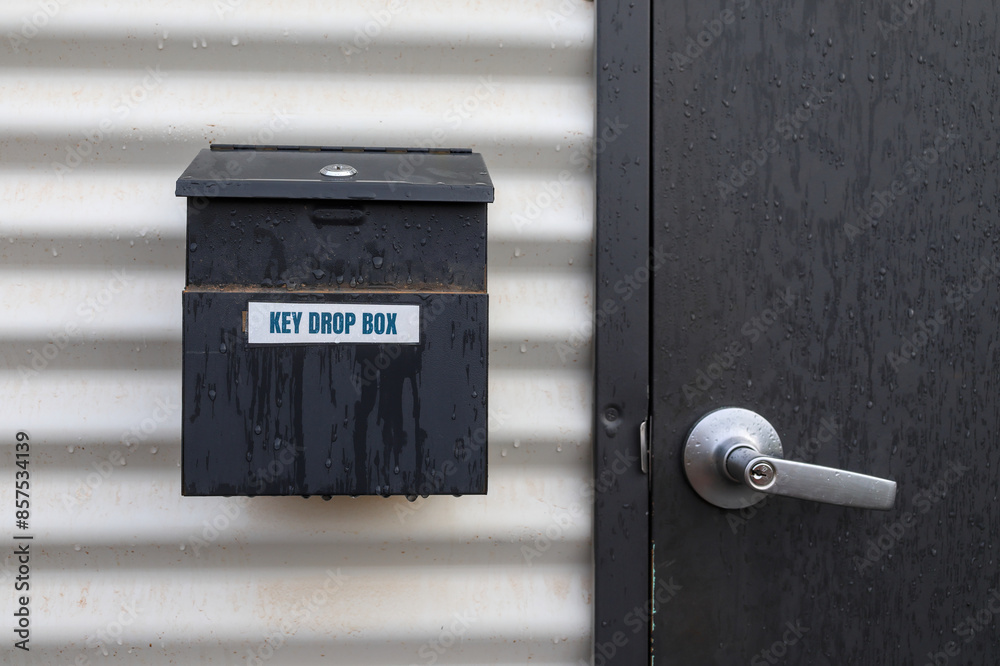 Key drop box and sign, next to door. Wet, exterior of modular ...