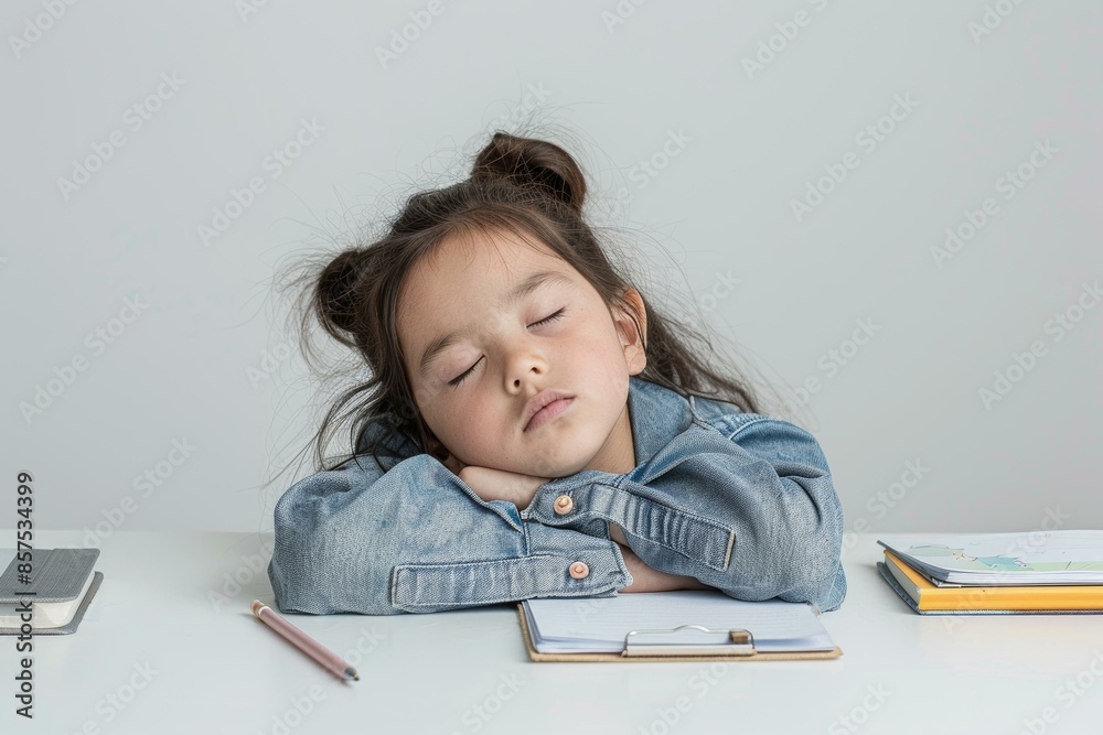 Tired little girl falls asleep on desk while doing homework, concept of ...