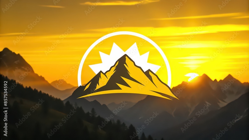 Yellow sunrise logo with mountain silhouette , sunrise, logo, yellow ...