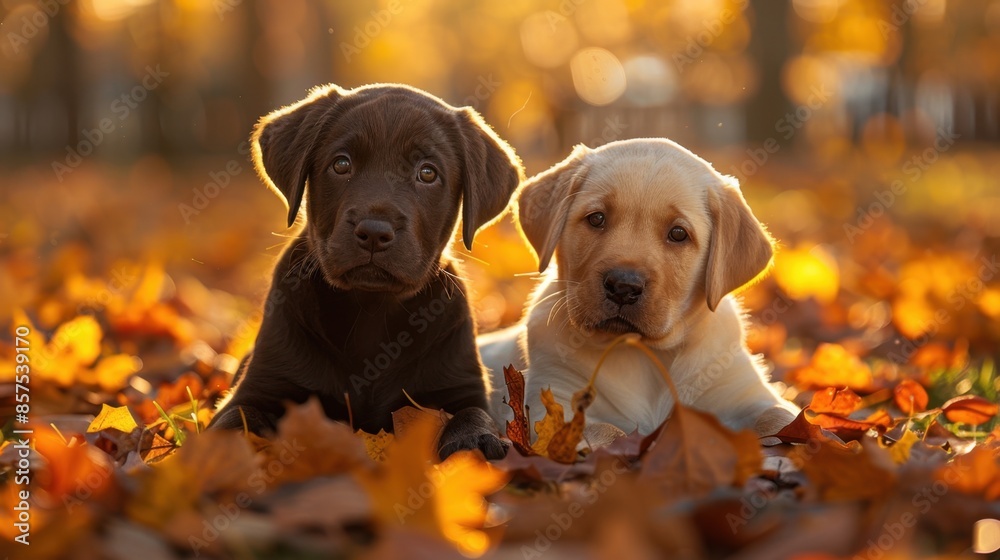 Cute pair of labrador puppies in an inviting scenic fall setting with ...