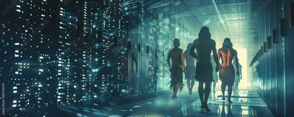 Primitive tribe members exploring a modern server room, blending ...