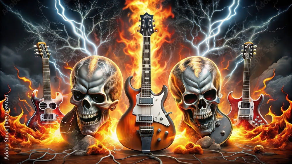 Album cover featuring images of electric guitars, flames, skulls, and ...