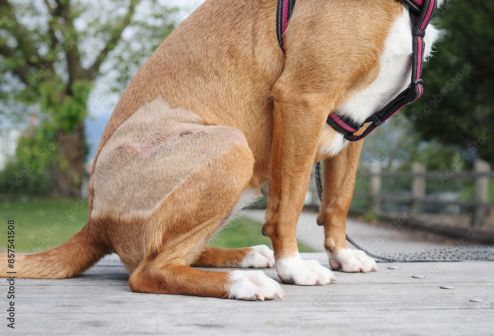 Dog recovering from surgery on leg sitting outside. Shaved area on leg ...