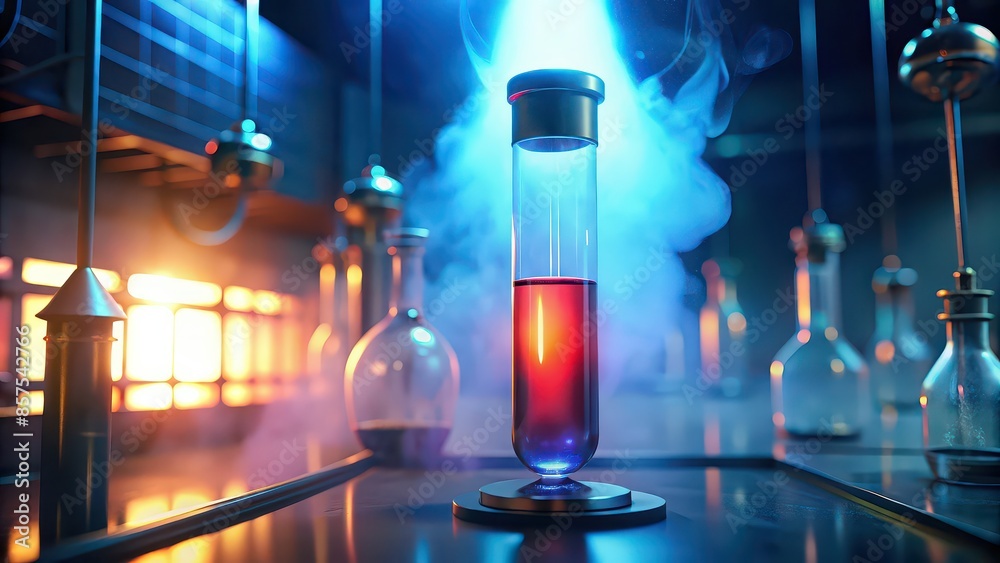 Vial containing sample on gas chromatography instrument in chemistry ...