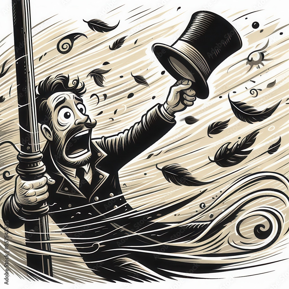 Cartoon gent gets swept up in a silly, swirling escapade. man with ...