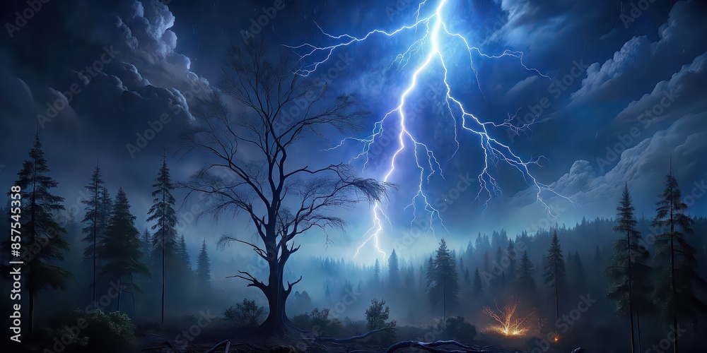 Lightning struck tree in a forest during a storm, nature, powerful ...