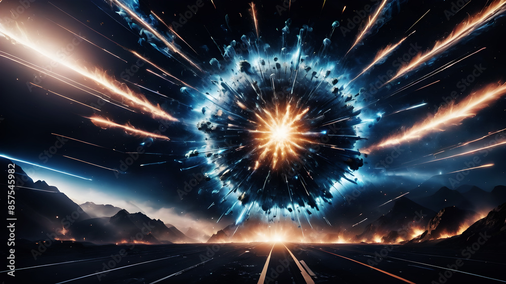 A depiction of a digital network exploding outward from a central point ...