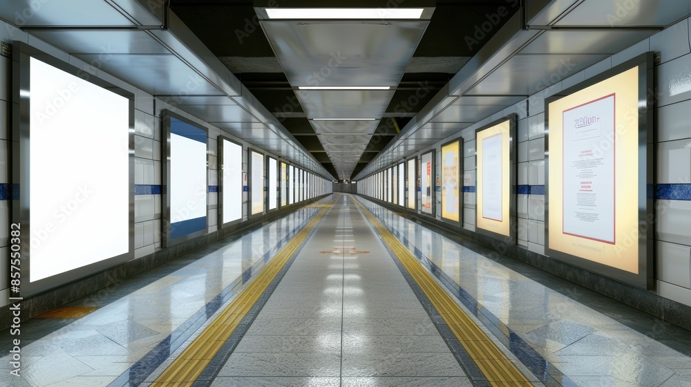 Empty modern subway or metro corridor with illuminated advertising ...