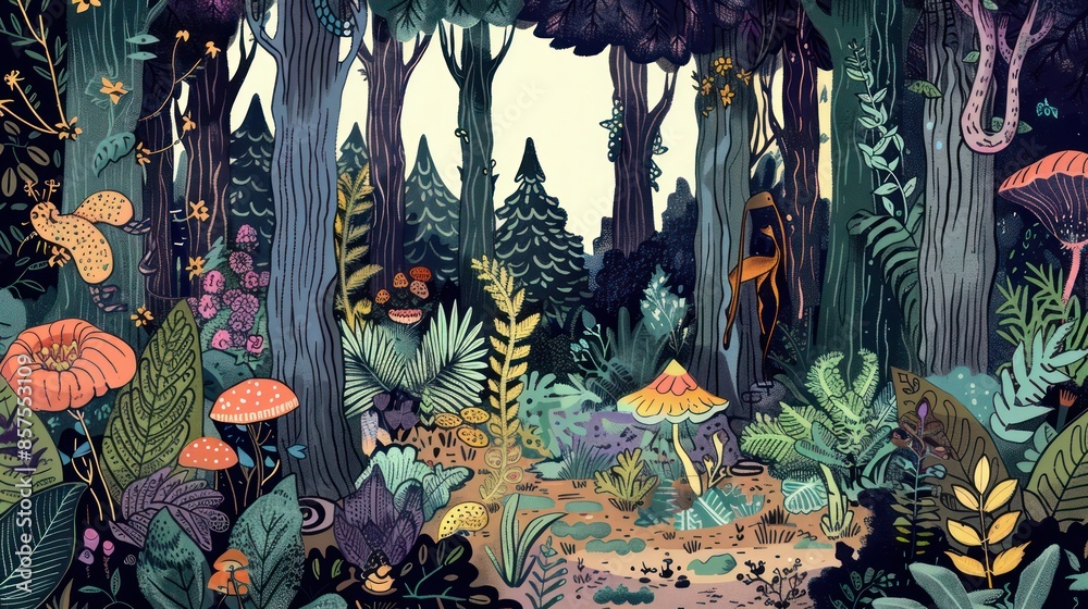 Illustration of a dense tropical rainforest background design with ...