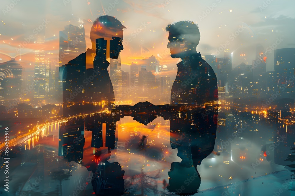 ภาพประกอบสต็อก Silhouette of two businessmen shaking hands for ...