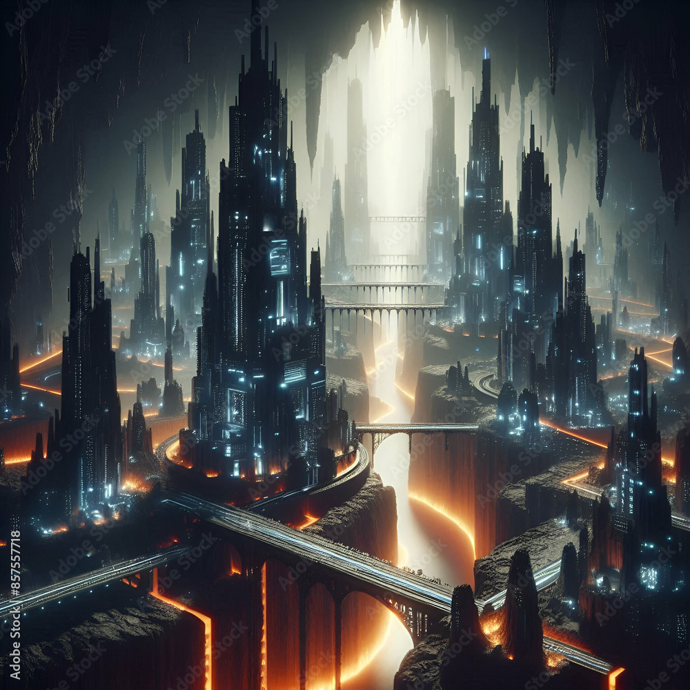 Eerie Dark Underworld Forces Architecture Landscape with Volcano Fires Ablaze and Bridges in ...