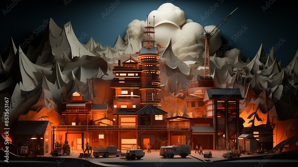 A fire station with a striking paper art piece depicting firefighters ...