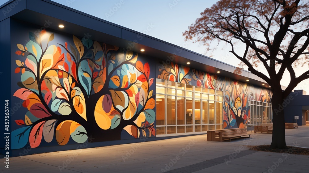 The exterior of a community center with a colorful paper art mural ...
