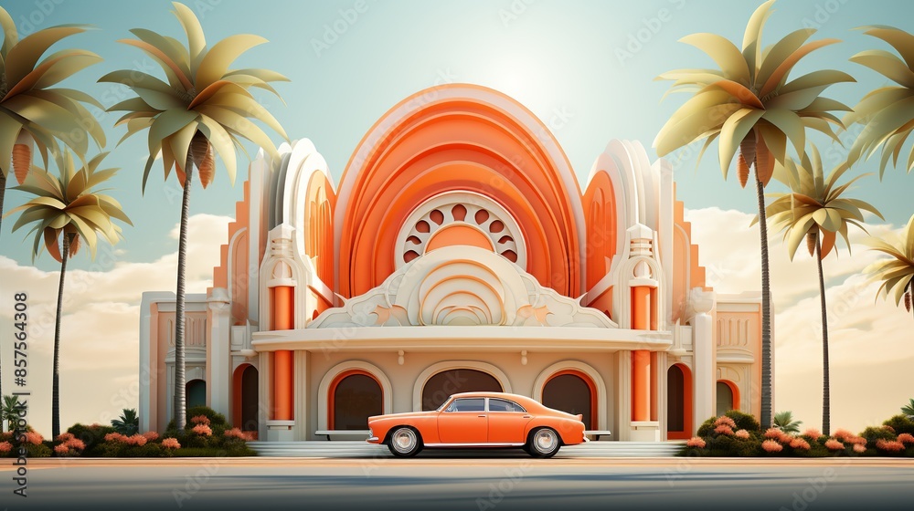 The exterior of a theater with a dramatic paper art marquee, showcasing ...