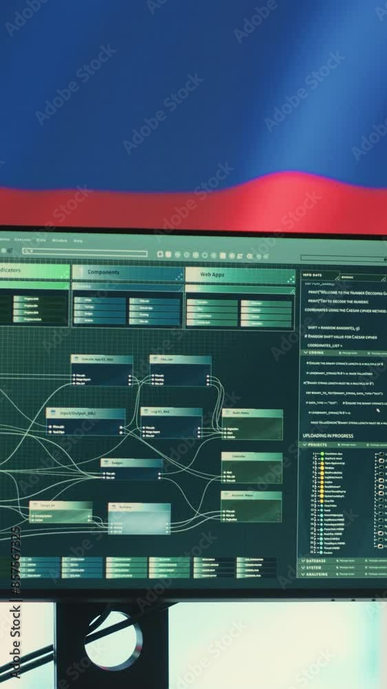 Vertical Video Surveillance and hacking room with a Russian flag on big ...