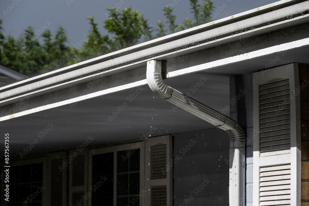 Dark stormy day, rain water overflowing roof gutter and clogged ...
