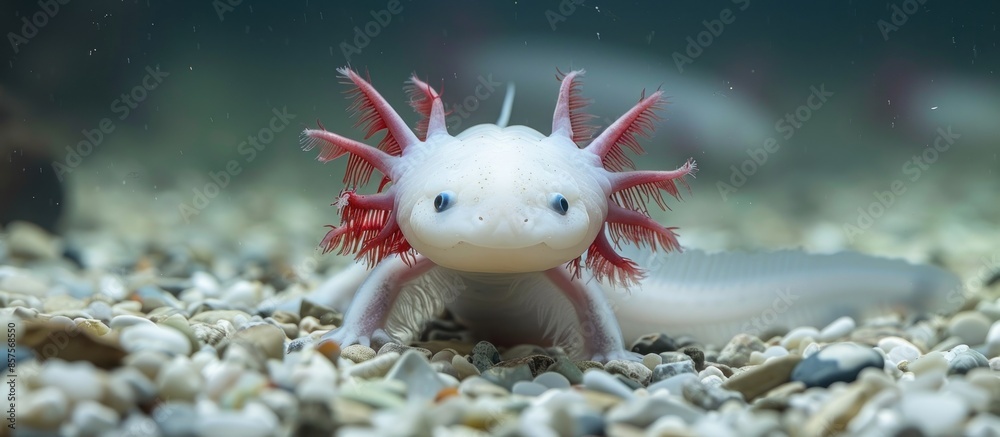 axolotl with red spots is sitting on a rock. The rock is covered in ...