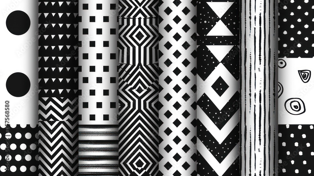A collection of black and white checkered and polka dotted paper. The ...