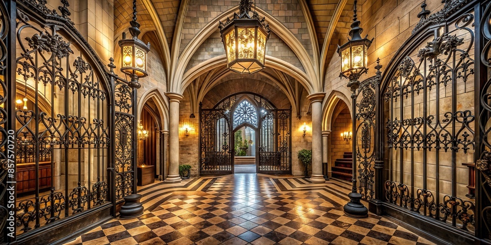 Neo-Gothic Castle foyer with ironwork gates and cobblestone accents ...