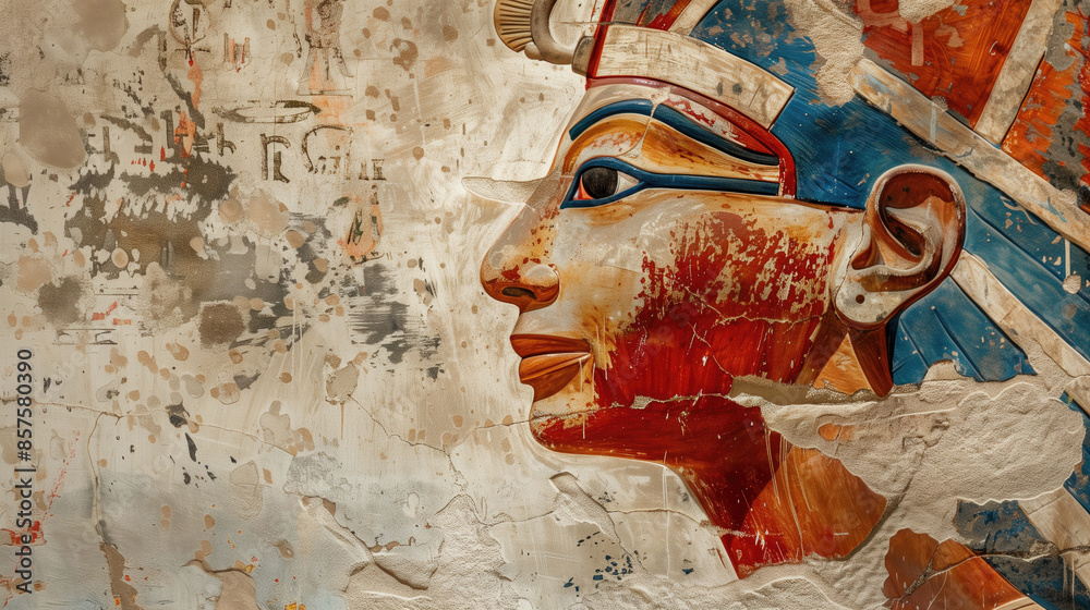Ancient Egyptian mural with profile of a pharaoh. Weathered and ...