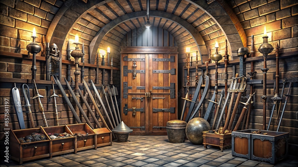 Fantasy weapon armory vault filled with various swords, axes, and ...
