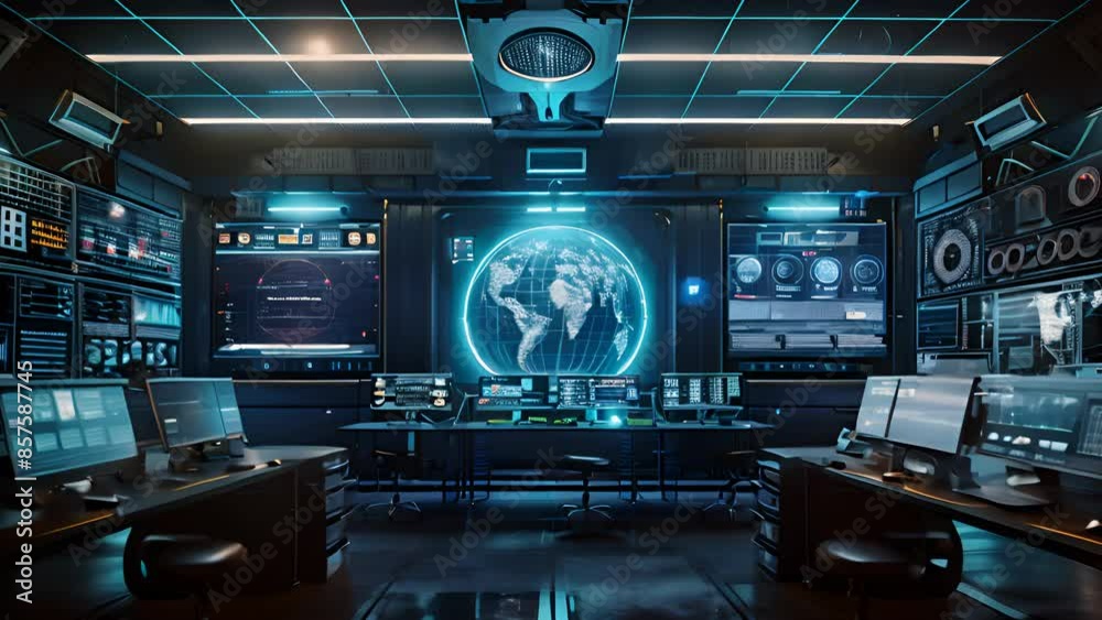 Futuristic high-tech command center featuring multiple computer screens, a central world map ...